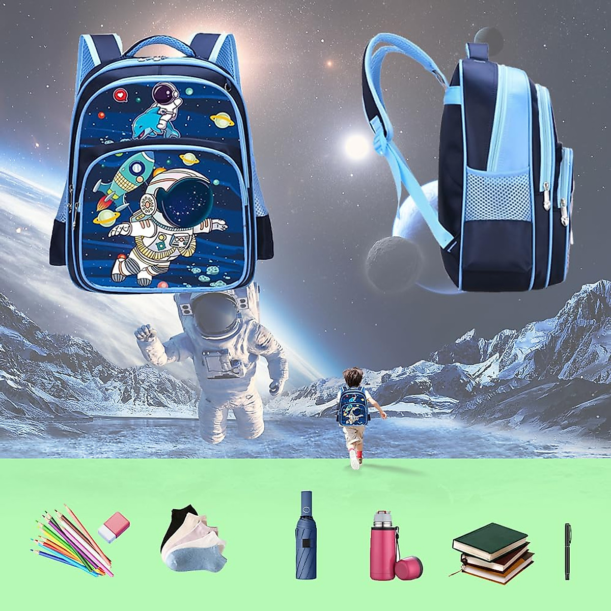 YUNYINIE Travel Backpack for School, Kids Backpack Boys Girls, Space Astronaut Preschool Backpack School Supplies for Kids, 16.5Inch