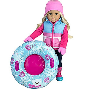 Sophia's 18" Doll 4 pc. Winter Fun Set with Puffy Powder Blue, White, and Hot Pink Striped Vest, Pink Fleece Hat and Mittens, and Polar Bear Snowflake Print Inner Tube