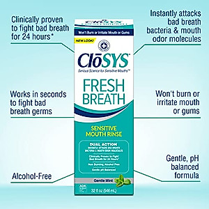 CloSYS Sensitive Mouthwash, 32 Ounce, 2 Count, Gentle Mint, Alcohol Free, Dye Free, pH Balanced, Helps Soothe Mouth Sensitivity, Fights Bad Breath