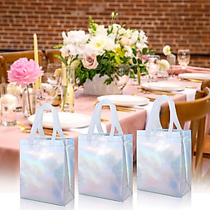 ISUSSER 24 Pack Holographic Gift Bags With White Handles Non Woven Reusable Handled Gift Bags Iridescent Tote Bags Glossy Welcome Bags for Shopping Birthday Party Wedding, 8 x 4 x 10 Inch