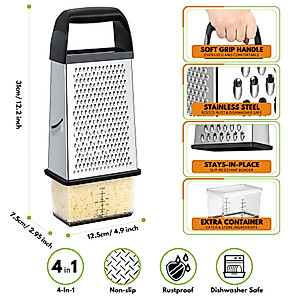 Urbanstrive Cheese Grater With Container, Professional Cheese Grater with Handle, Stainless Steel Graters for Kitchen Handheld, Box Grater with 4 Sides for Vegetables, Ginger, Potatoes, Black