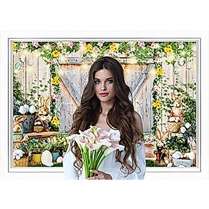 8x6ft Easter Spring Backdrop, Rustic Wooden Door Wall Bunny Rabbit Eggs Flower Greenery Photography Background Baby Shower Kids Birthday Party Decor Portrait Banner Photo Booth Studio Props