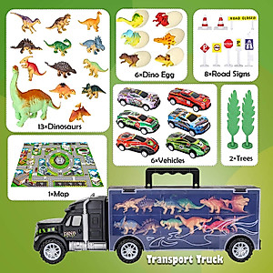 YIMORE Dinosaur Truck Toy Car Transporter Carrier Set Include Dinosaur Figures & Egg Mini Racing Car with Play Mat, Road Signs for Children 37PCS