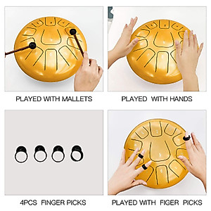 AS TEMAN HANDPAN,Steel Tongue Drum,10 inch 11Notes Tongue Drum，Steel Drums Percussion Instrument (matte gold)