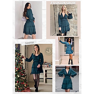 Dokotoo Womens Ladies Cute Summer Casual Summer Sexy Deep V Neck Ruffle Chiffon Lantern Long Sleeve Elegant Boho Hawaiian Flowy Mini Short Skirt Dresses for Women Party 2024 Green Large