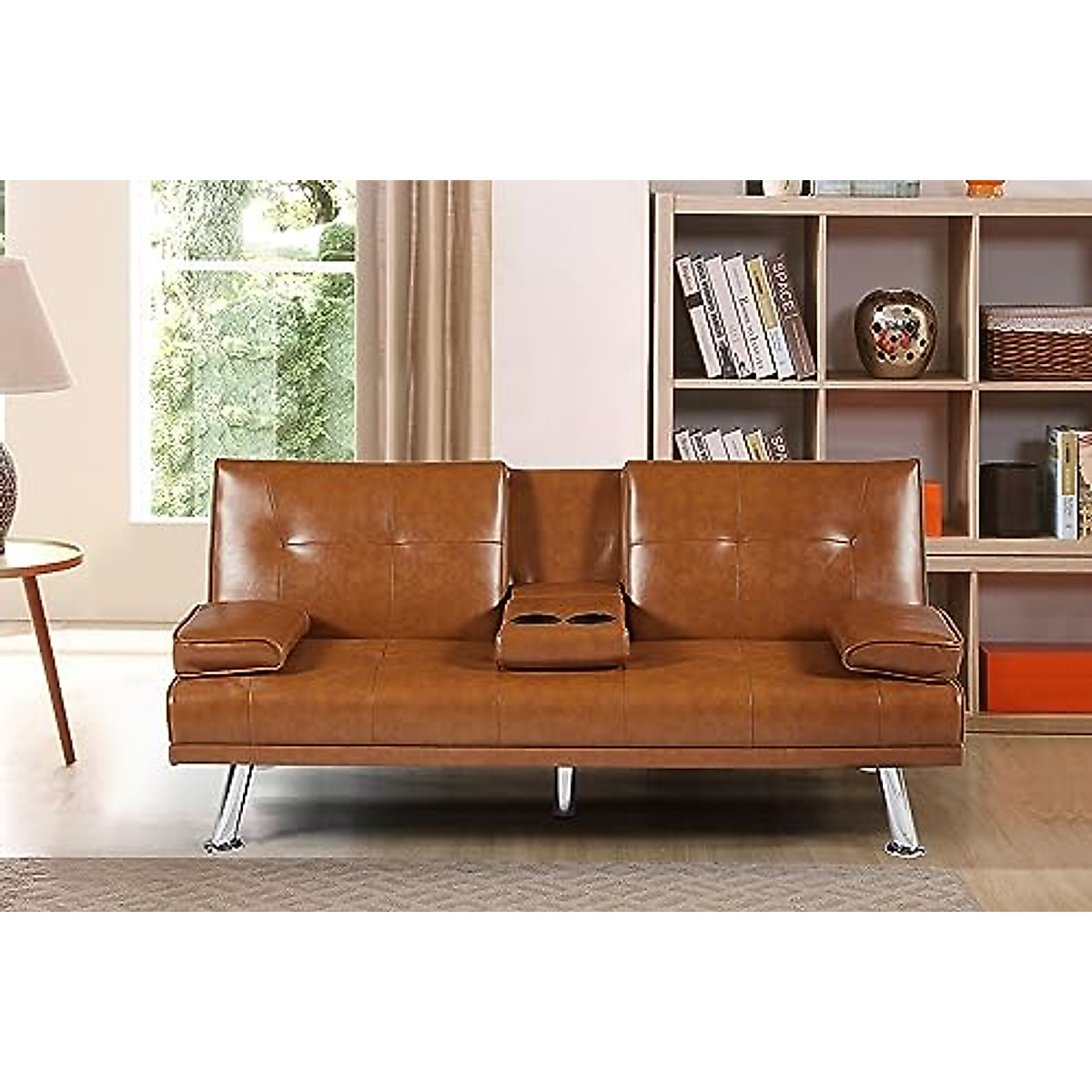 Convertible Folding Futon Sofa Bed with Metal Legs & 2 Cupholders, Modern Fabric Leather Upholstered Couch Loveseat Sleeper, Folding Couches Bed, Removable Armrests for for Small Spaces (Brown+New)