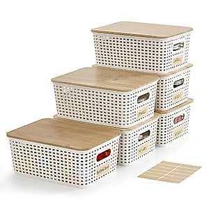 Bagnizer Small Plastic Storage Bins with Bamboo Lids 5.2qt Stackable Box Basket Pantry Decorative Containers Cute with Lable for Organizing Desktop Closet Office Cream White of 6 packs 10*7.2*4.1'’