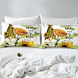 Erosebridal Sunflower Gnome King Duvet Cover for Girls Boys Kids,Yellow Flowers Comforter Cover,Cute Spring Gnome Bed Set,Botanical Floral Green Yellow Bedspread Cover with 2 Pillow Cases Zipper