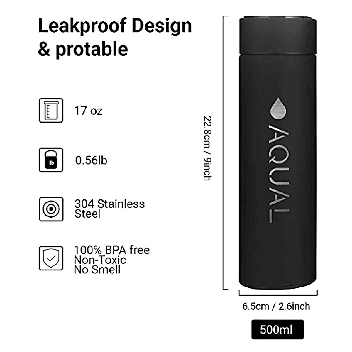 Aqual 17 Fl Oz500ml Stainless Steel Water Bottle with LED Temperature Display-Double Wall Vacuum Insulated | Leak Proof Keep Cold 24 Hrs and Warm 12 Hrs | Varied Colors Thermo Travel Modern Mug(Black)
