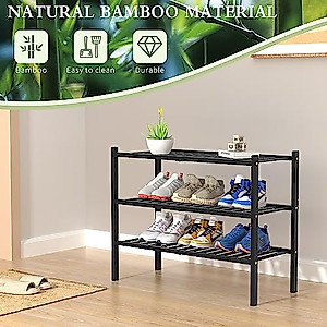 ROMGUAR CRAFT 3 Tier Bamboo Shoe Rack for Closet Free Standing Wood Shoe Shelf for Entryway Small Space Stackable 27"x11"x20" (Black)