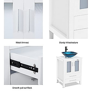 eclife 24" Bathroom Vanity Sink Combo White Cabinet Ocean Blue Square Tempered Glass Vessel Sink & 1.5 GPM Water Save ORB Faucet Solid Brass Pop Up Drain,with Mirror (Ocean Blue Square Sink A04B02W)