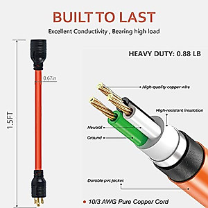 BOEEMI Generator Transfer Switch Adapter Cord L5-30P Male to L14-30R Female, 30 Amp Twist Lock 3 Prong to 4 Prong Generator Plug Adapter Connects Generator’s 3 Prong Outlet to 4 Prong Inlet Box, 1.5FT