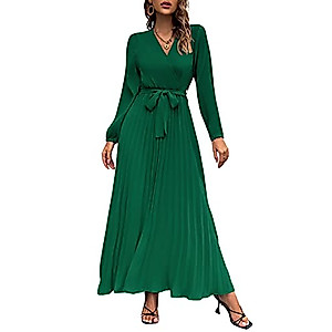 Women's Elegant Wrap V Neck Lantern Sleeve Belted Pleated Flowy Maxi Long Dress Wedding Guest Dress