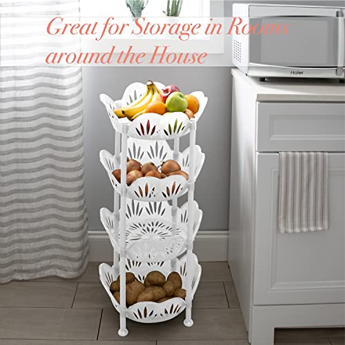 Kitchen Details 4 Tier Large Basket Shelf | Round | Storage & Organizer | Kitchen | Bathroom | Laundry Room | Office | Good for Food and Kitchen Supplies | White