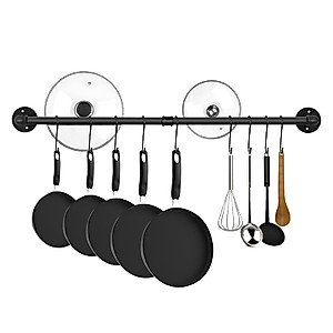 SUJOER 39.4 inch Pot Rack Wall Mounted with 15 Hooks, Hanging Pot Pan Organizer Rack,Utensil Industrial Pipe Hanger,heavy duty Cast Iron Skillet Storage Rail,Cabinet Black Pots and Pans Storage