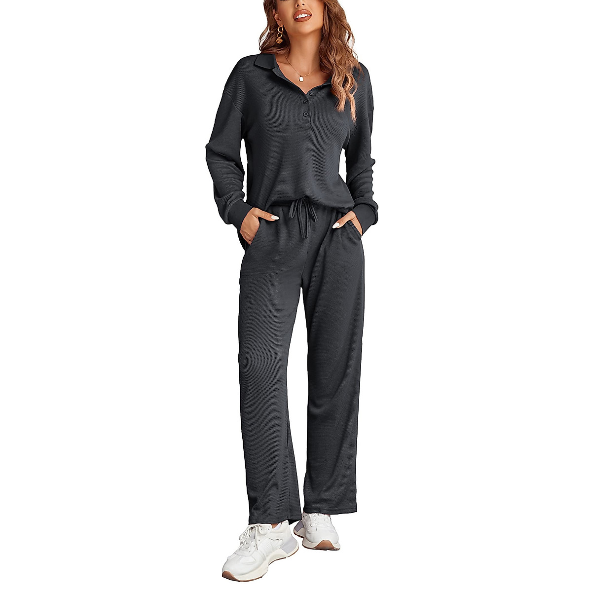 Ekouaer Waffle Knit Pajamas Set for Women 2 Piece Outfits Long Sleeve Button Top and Wide Leg Pant with Pockets Loungewear Dark Grey M
