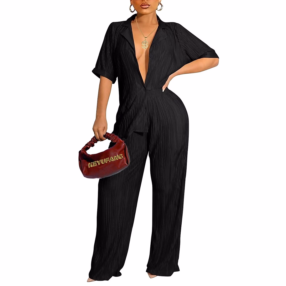 Ekaliy Women 2 Piece Dressy Outfits Short Sleeve Button Down Shirts Blouses Tops Wide Long Pants Summer Tracksuit Black 2XL