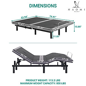 Naomi Home Idealbase Adjustable Bed Frame Full with Lumbar Support & Head Tilt, Foot Incline, Back & Leg Massage, USB Ports, Massage Bed with Wireless Remote, Ergonomic Zero-Gravity Smart Bed
