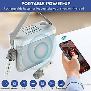 Portable Karaoke Singing Machine with 2 Wireless Microphone, Bluetooth Speaker with HD Sound PA System Support Echo and Vocal Cut,USB,TF, AUX for Party, Meeting, Wedding,Picnic and Outdoor (White)