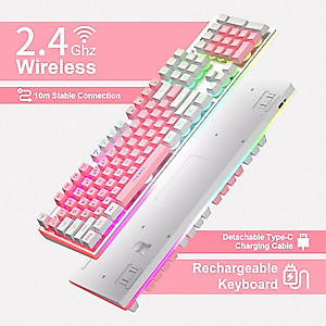 MageGee Wireless Gaming Keyboard, Rechargeable RGB LED Backlit Quiet Keyboard with Sidelight & Metal Panel, V510 2.4G Wireless Ergonomic Waterproof Office Keyboard, White and Pink