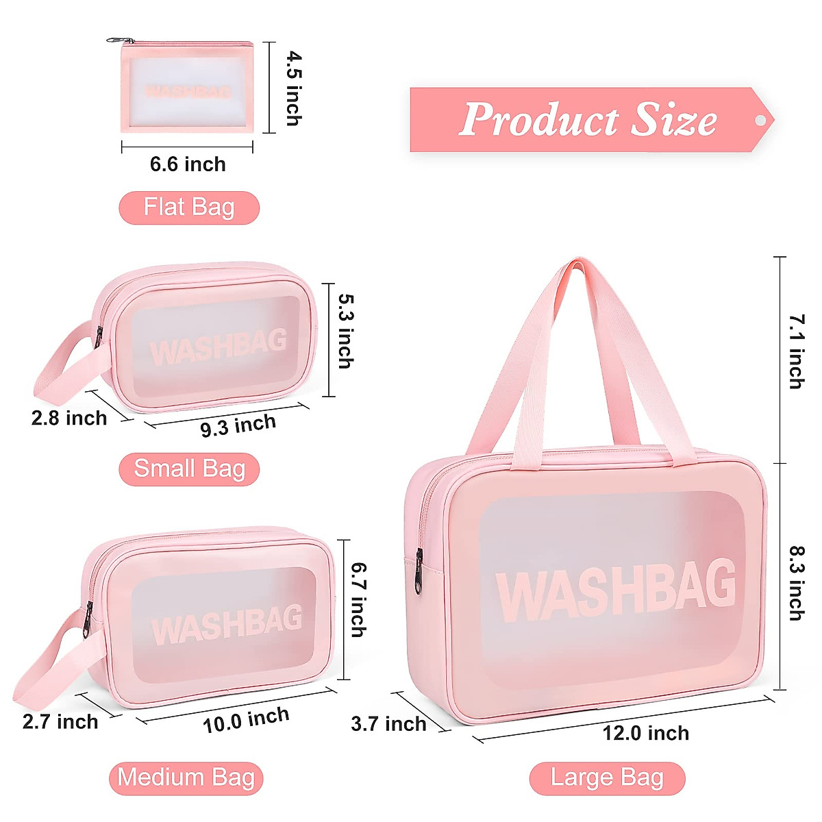 YuanCheng Upgrade Travel Toiletry Bags for Women, Pack-4 Different Size Make Up Bags with Handle, Large Capacity Translucent Waterproof Travel Cosmetic Bags (Comestic Bag-Pink)