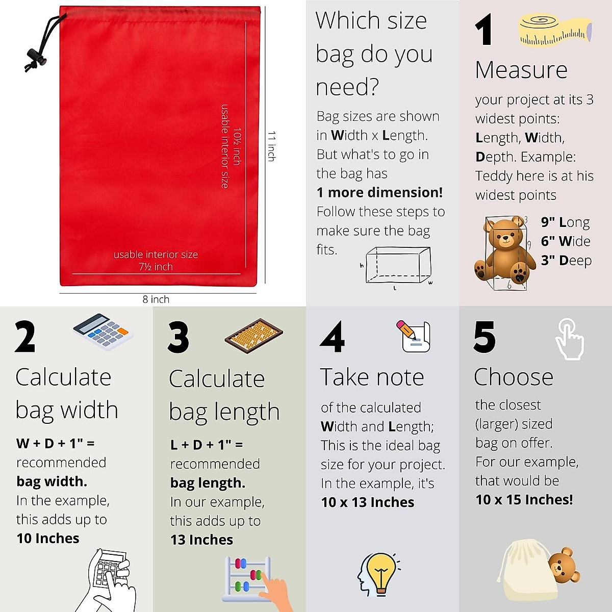 Drawstring Bag - Nylon Cinch and Ditty Stuff Pouch with Toggle (8 x 11-12 pack, Red)