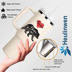 Heulinwen Mama Bear Tumbler with Handle 40oz – Funny Travel Mug for Wife, Bonus Mama, or New Mom – Gift From Daughter Son Husband – Mother's Day Christmas Birthday Surprise – Insulated Cup for Women