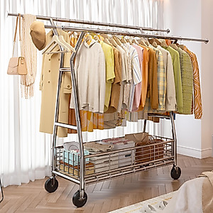 Raybee Clothes Rack Heavy Duty Rolling Clothing Rack with Wheels Load 600LBS Double Rod Clothing Racks for Hanging Clothes Commercial Portable & Adjustable Garment Rack with Metal Basket, Chrome