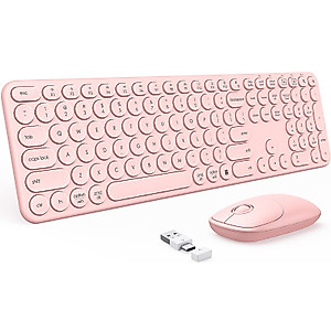 PEIOUS Wireless Keyboard and Mouse Combo, Cute Rose Gold Keyboard with USB and Type C Receiver, Round Keys, Compatible with MacBook, Windows 7/8/10, Laptops (Pink)