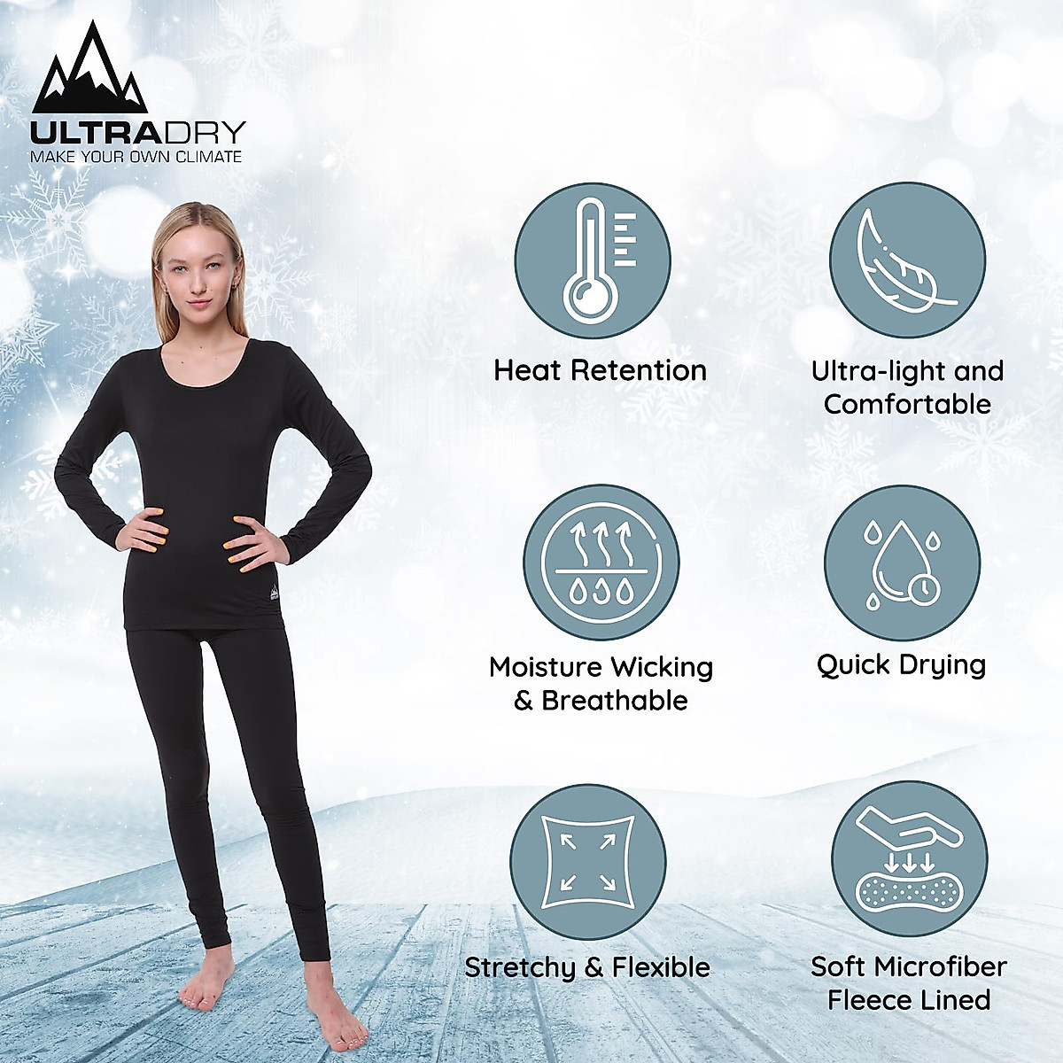 Women Thermal Set, Lightweight Ultra Soft Fleece Shirt and Tights,Black,Medium