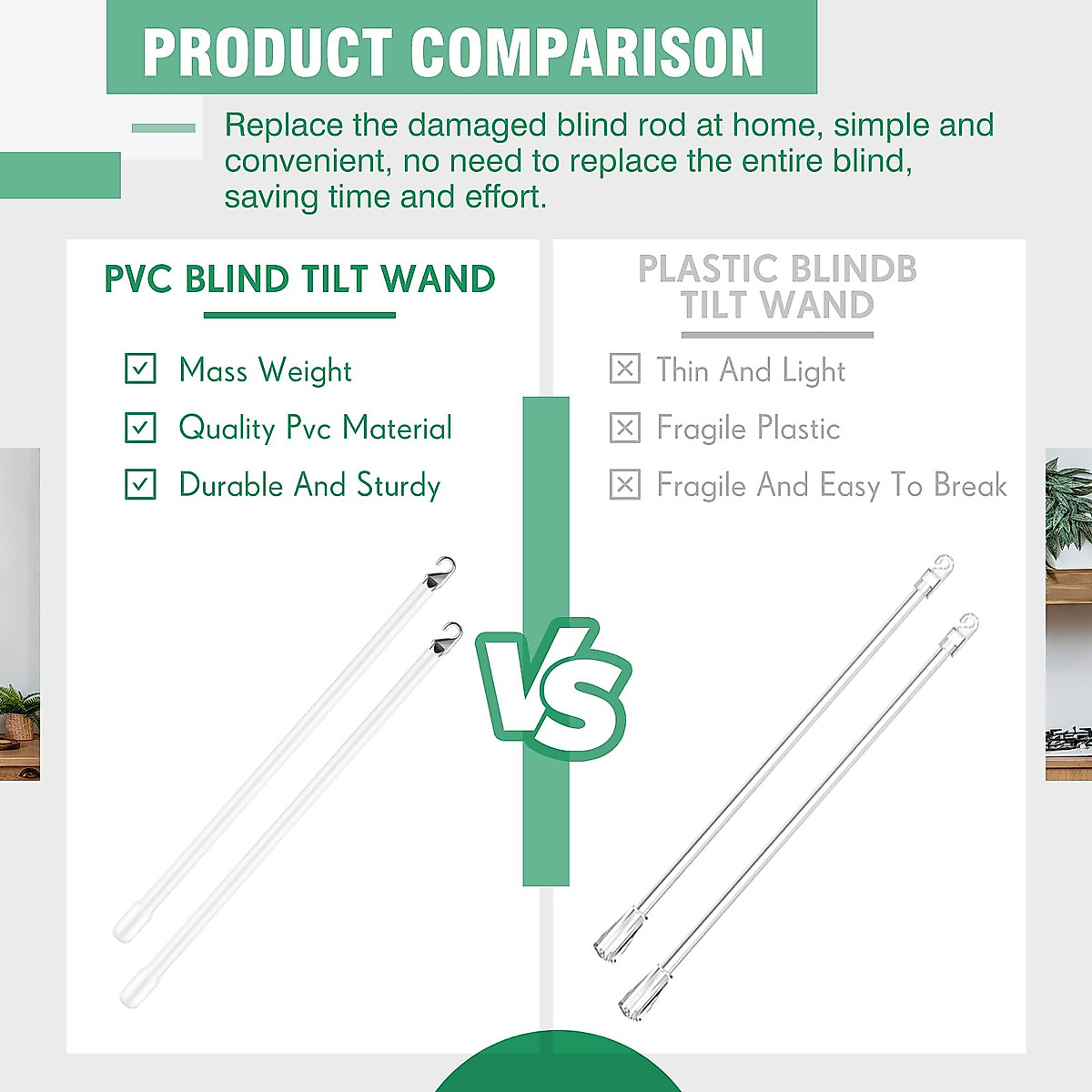 Therwen 2 Pcs PVC Long Blind Wand Replacement with Hook and Handle White Vertical Blinds Wand Opener Stick Curtain Wand Tilt Rod for Windows Accessory Curtain Door Shades (12 inch)