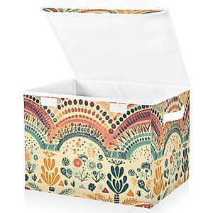 Vnurnrn Storage Bin with Lid Collapsible Vintage Rainbow Flower Print, Large Capacity Foldable Storage Basket Cube for Clothes Toys 16.5×12.6×11.8 IN