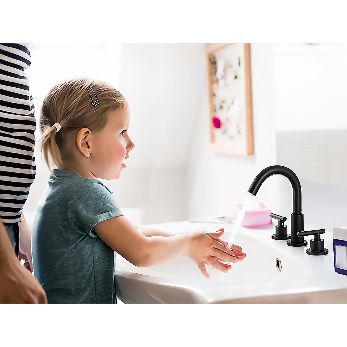 Qomolangma Black Bathroom Faucets for Sink 3 Hole, 8 inch Widespread Bathroom Faucet, 2-Handle Bathroom Sink Faucet, 360° Swivel Spout Lavatory Sink Faucet with Water Supply Lines & Pop Up Drain