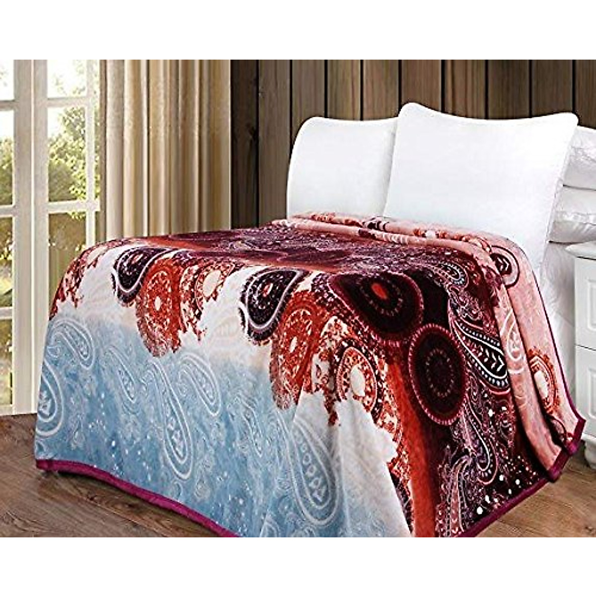DaDa Bedding Flannel Faux Mink Fleece Throw Blanket - Bohemian Paisley Dreams Silky Soft - Bright Vibrant Floral - Multi Colorful Red Burgundy & Blue - 66" x 90"