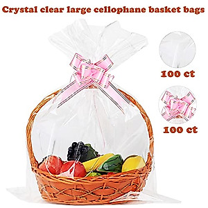 100 Packs Large Cellophane Bags 24" x 30" Clear Cellophane Gift Basket Wraps Extra-large 2.3 Mil Thick Plastic Wrap Bags for Fruit Basket, Gift Wrap, Treats, Arts and Crafts, 100ct Ribbon Bows