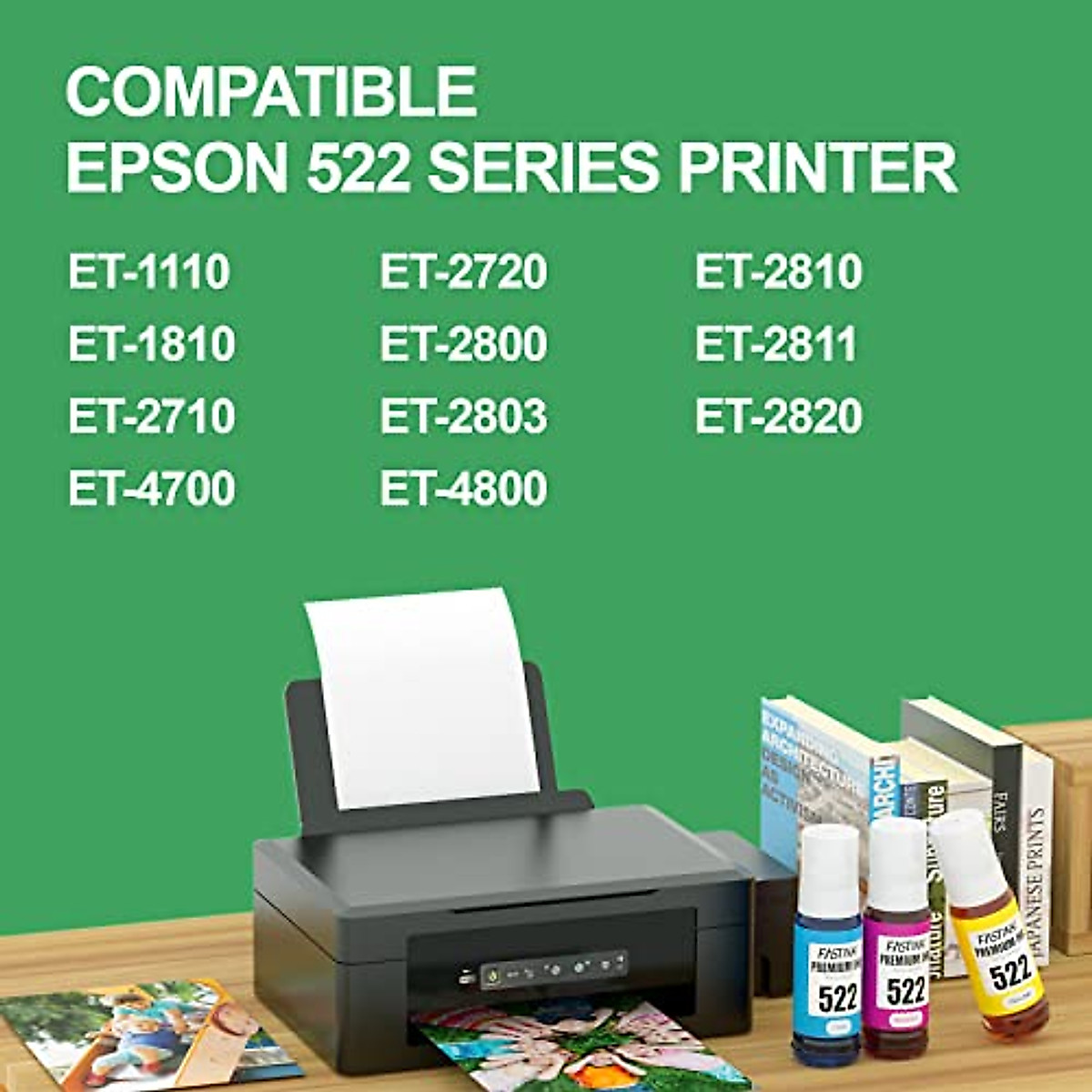 FASTINK Compatible Epson T522 522 Refill Ink Bottle Work with EcoTank ET-2720, ET-2800,ET-2803,ET-4800,ET-4700 Printer for Epson 522 Ink Bottle Refill Combo, 4 Pack