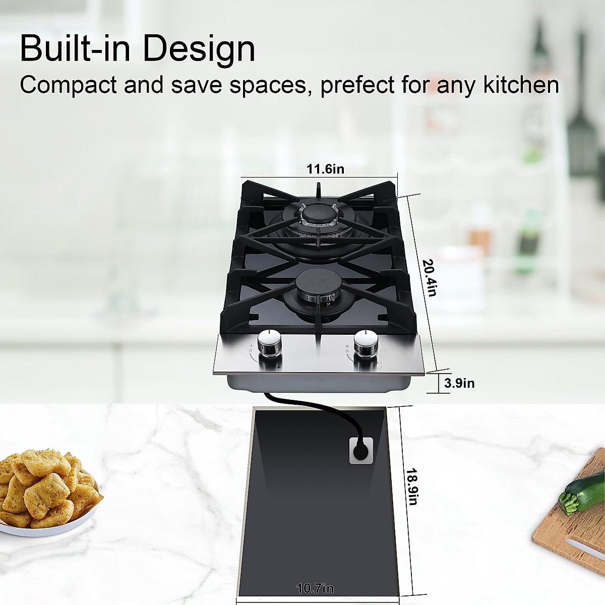 Eascookchef 2 Burner Propane Gas Cooktop, 12 inch LPG/NG Dual Fuel Built-in Gas Stove Top, Black Tempered Glass Gas Stove, Gas Hob for Apartment, Outdoor, RV, With Thermocouple Protection