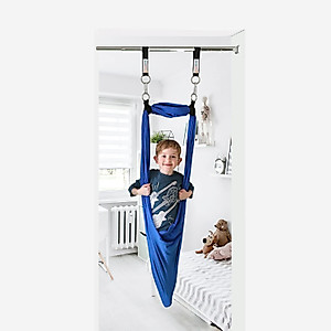 DreamGYM Doorway Sensory Swing Kit - Blue Compression Swing and Trapeze Bar with Red Gym Rings Combo