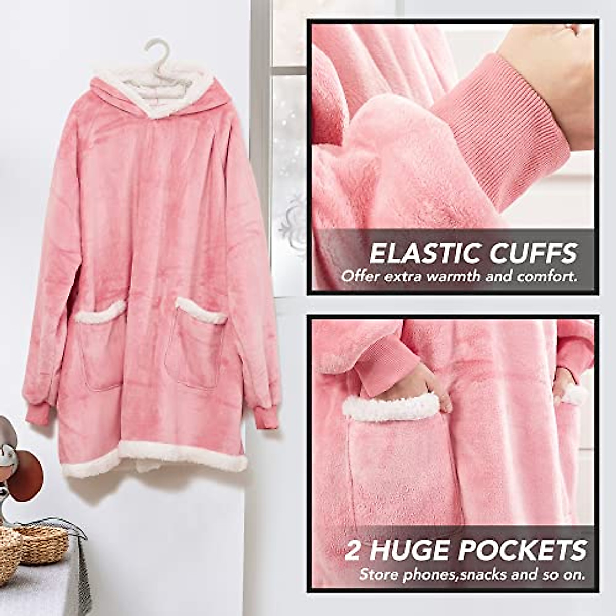 Deconovo Cozy Fuzzy Solid Wearable Blanket for Adult Children Friends Parents, All Season Sherpa Blanket Hoodies, Pink, Standard