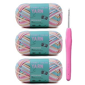 Mooaske 3 Pack (3 x 50g) Crochet Yarn with Crochet Hook - Worsted Medium Yarn for Crocheting - Easy-to-See Stitches Cotton-Nylon Blend Beginner Knitting Yarn for Adults and Kids