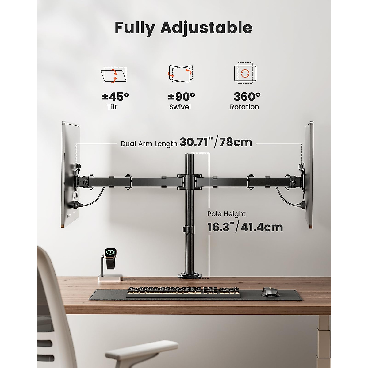 Ergear Dual Monitor Stand for 13 to 32 inch, Heavy Duty Fully Adjustable Monitor Stand for 2 Monitors, Dual Monitor Mount Fits up to 17.6 lbs per Arm, EGCM1