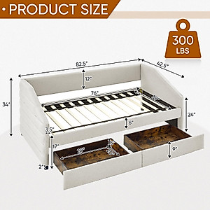 Twin Daybed with Storage Drawers, Upholstered Twin Size Daybed Frame, Modern Sofa Day Bed Frame with Curved Armrests, Linen Fabric Bedroom Furniture Bedframe, No Box Spring Needed (Twin, Beige)