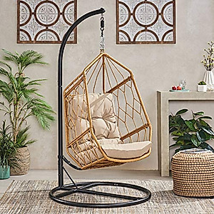 Christopher Knight Home Allegra Outdoor Hanging Chair with Stand, Light Brown + Tan + Black