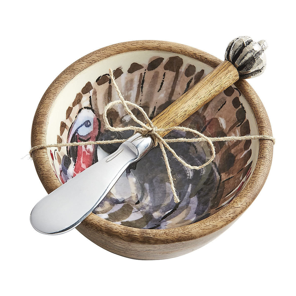 Mud Pie, Turkey, Enamel Harvest Dip Bowl Set, cup 3" x 5" dia | spreader 6 1/2"