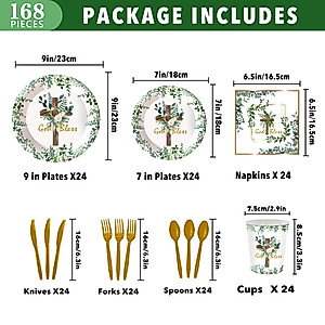 168Pcs God Bless Plates and Napkins Baptism Tableware Set First Holy Communion Party Decorations Mi Bautizo Eucalyptus Leaves Sage Paper Plates Christening Celebration Baby Shower Supplies,Serve 24