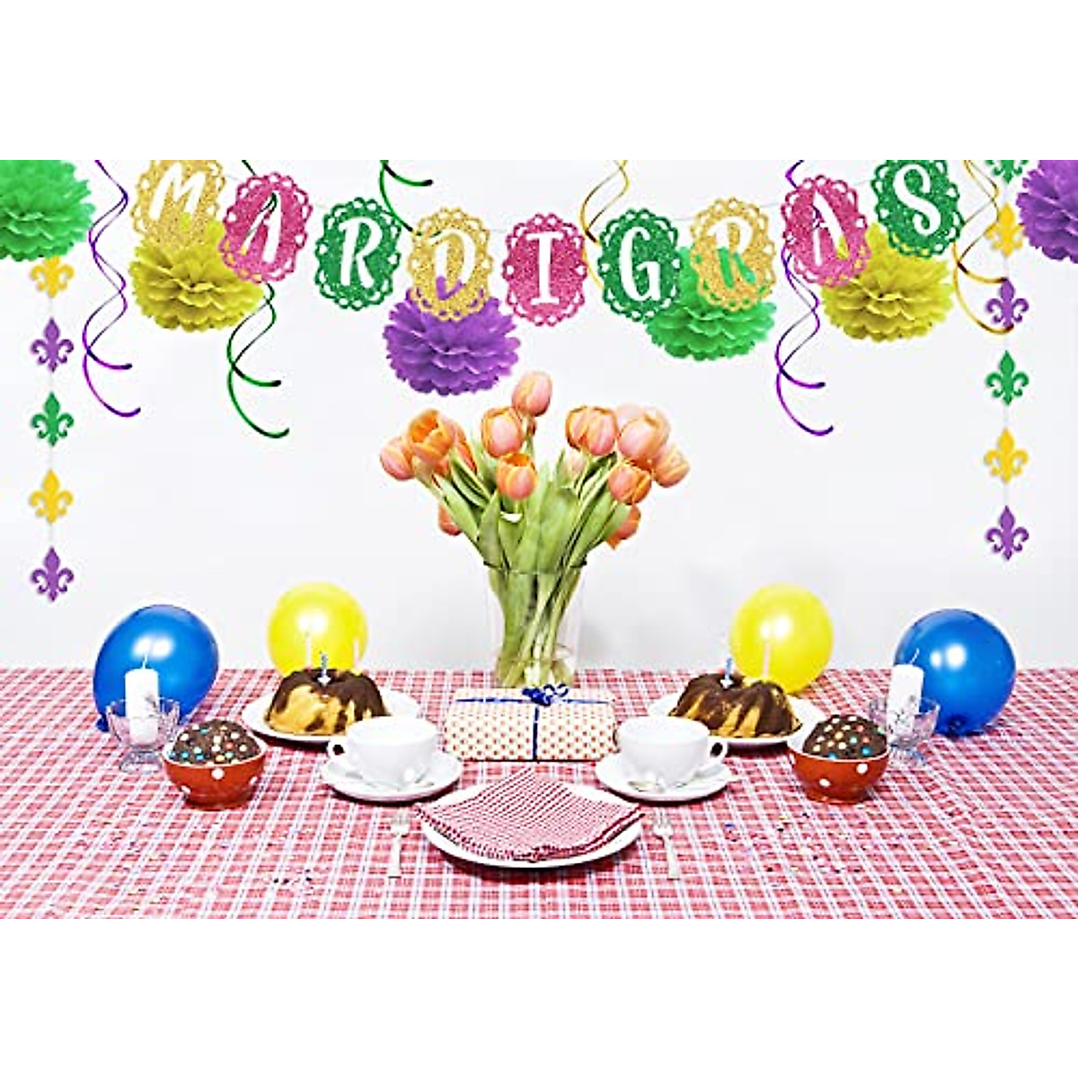 Mardi Gras Party Banner Hanging Swirls, Paper Pom Poms Flowers Fleur De Lis Garland Banner - Mardi Gras Hanging Tissue Decor Banner for Party Decorations Carnival Anniversary Home Decoration Supplies