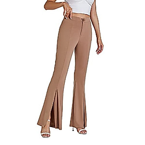 LYANER Women's Elastic High Waist Flare Leg Split Front Elegant Long Pants with Pockets Khaki X-Large