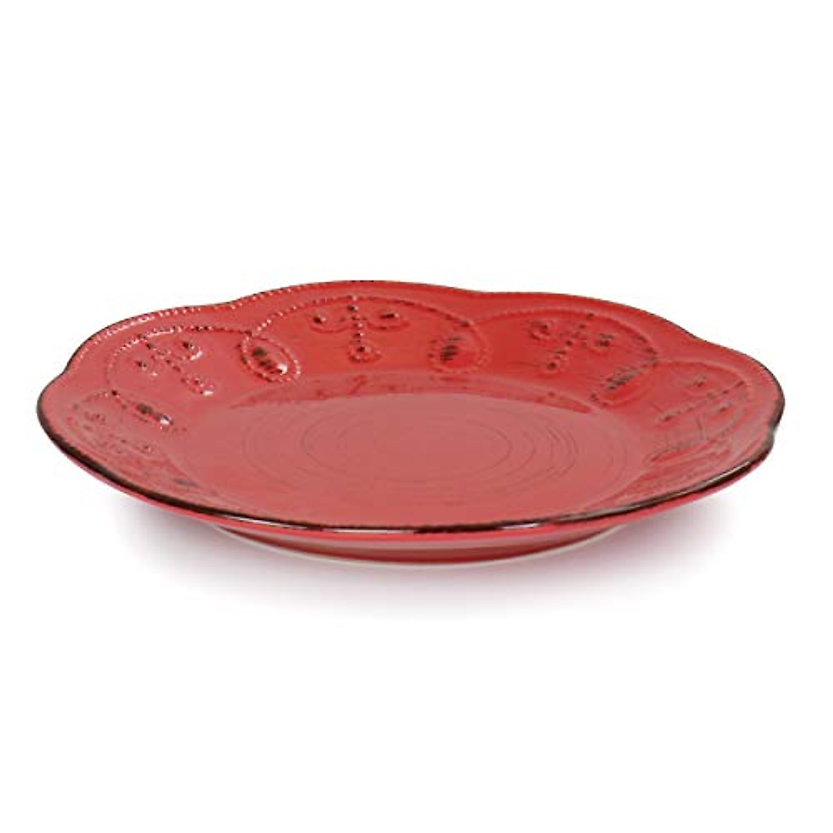Elama Embossed Scalloped Round Stoneware Dinnerware Dish Set, 16 Piece, Red with Brown Accents