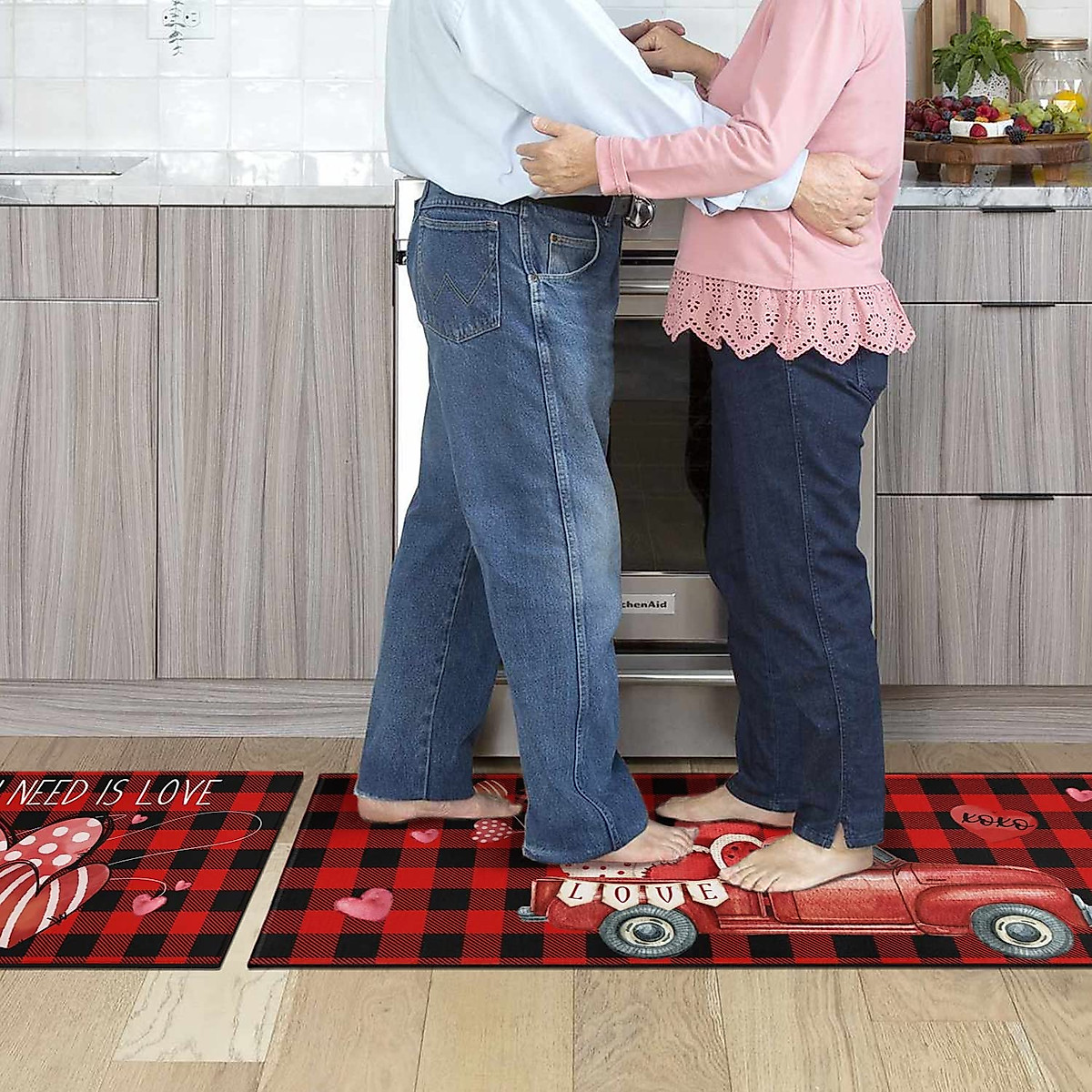 Xsinufn Valentines Day Kitchen Mat Set 2 Piece,Valentines Day Hearts Truck Buffalo Plaid Decorative Kitchen Rugs,Valentines Hearts Low-Profile Kitchen Mats for Home Kitchen (17"x48"+17"x30")