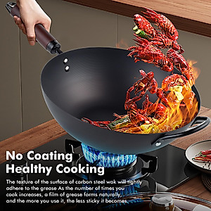 Vegoran Carbon Steel Wok Pan,12.5" Non-Stick Woks & Stir-Fry Pans with Glass Lid,No Chemical Coated Flat Bottom Iron Wok for Induction,Electric,Gas,Halogen,All Stoves-Practical Gift (12.5")